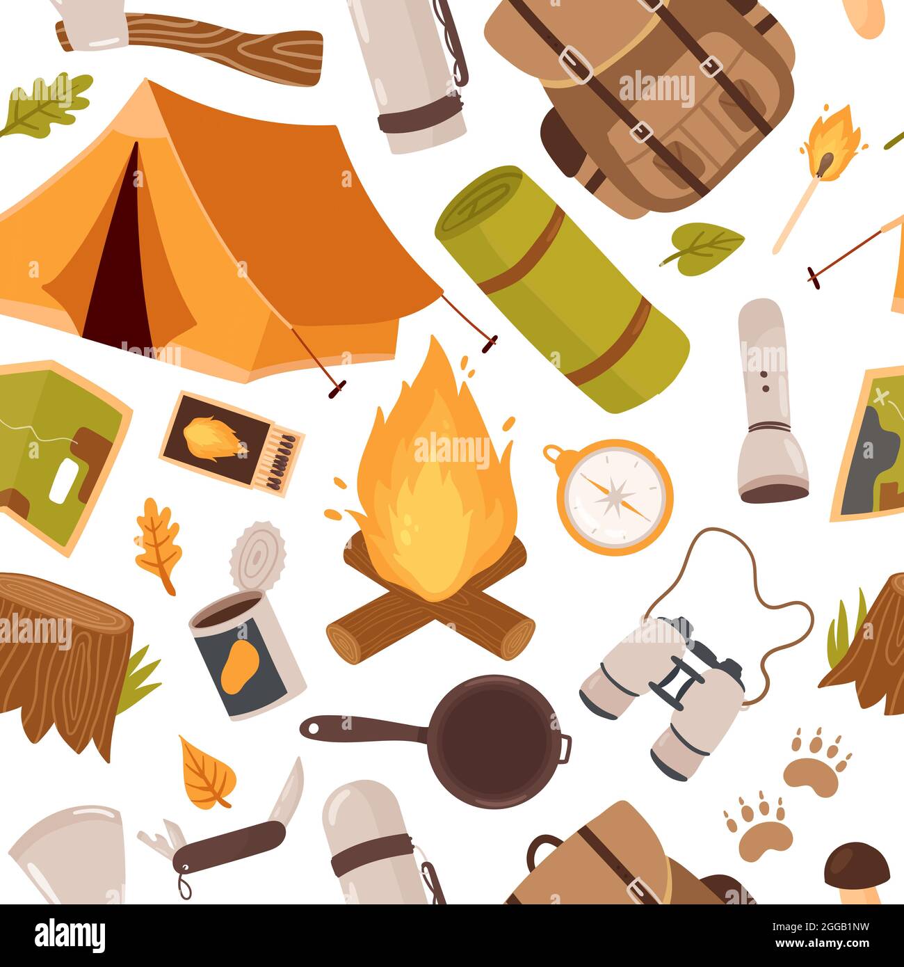 Camp outdoor adventure, hiking camping seamless pattern vector ...