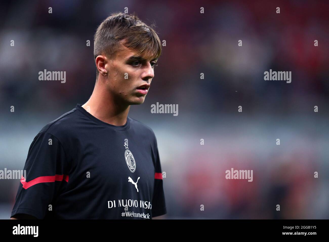 Milano, Italy. 29 August 2021. Daniel Maldini of Ac Milan during warm ...