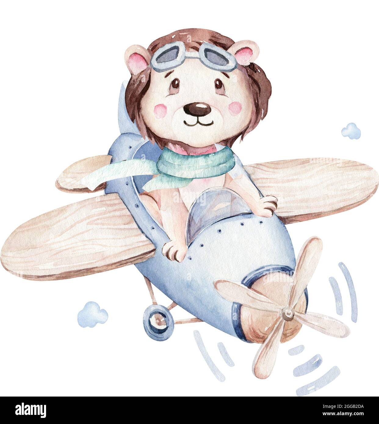 Watercolor baby cartoon pilot aviation hippopotamus, lion and zebra ...