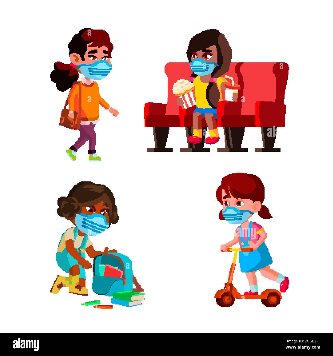 Girls Children Wearing Facial Mask Set Vector Stock Vector Image & Art ...