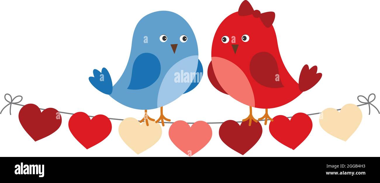 Cute Birds in Love Sitting On Heart Shaped Bunting Flags. Vector Couple ...