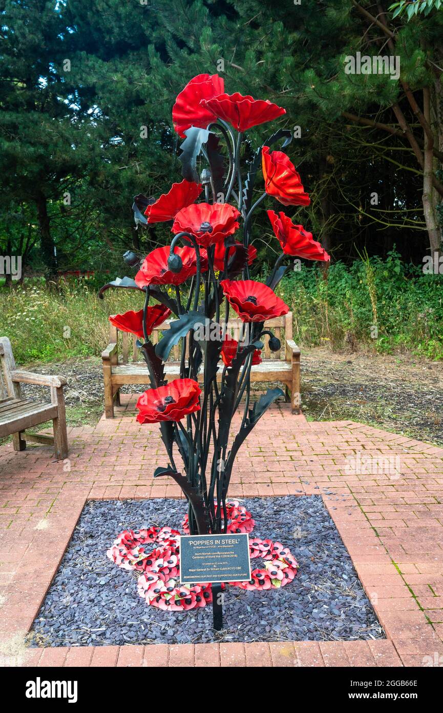 Large bright red poppies in steel to commemorate the centenary of world ...