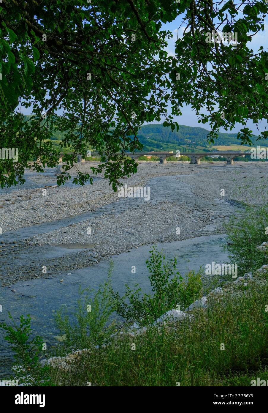 bridge over the mountains river Torrente Parma in summer across green ...