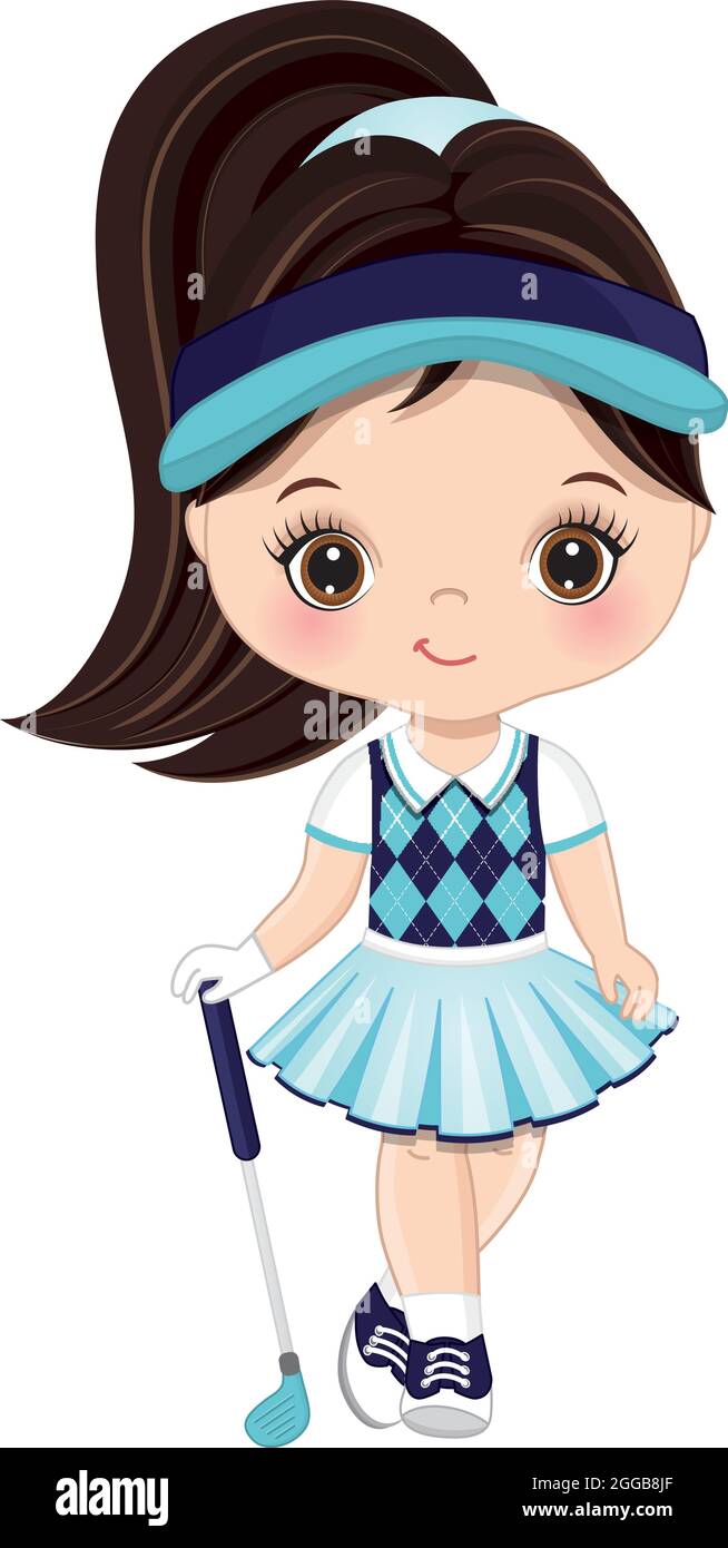 Cute Little Dark-Haired Girl Playing Golf. Vector Little Golfer Stock ...