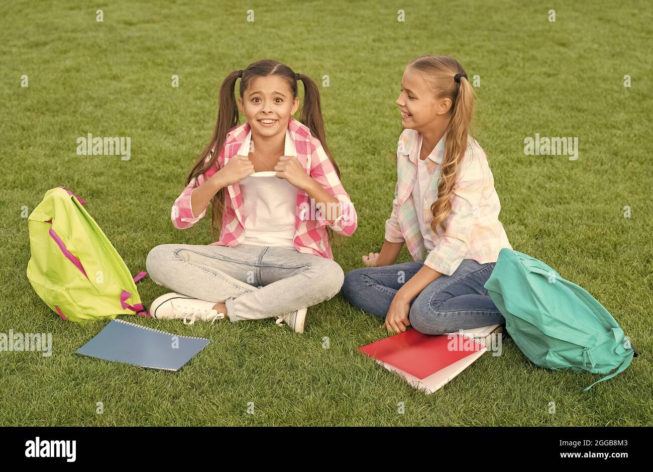 School friends girls study outdoors, open air classes concept Stock ...