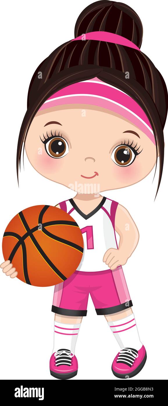 Cute Little Girl Playing Basketball. Vector Little Basketball Player ...