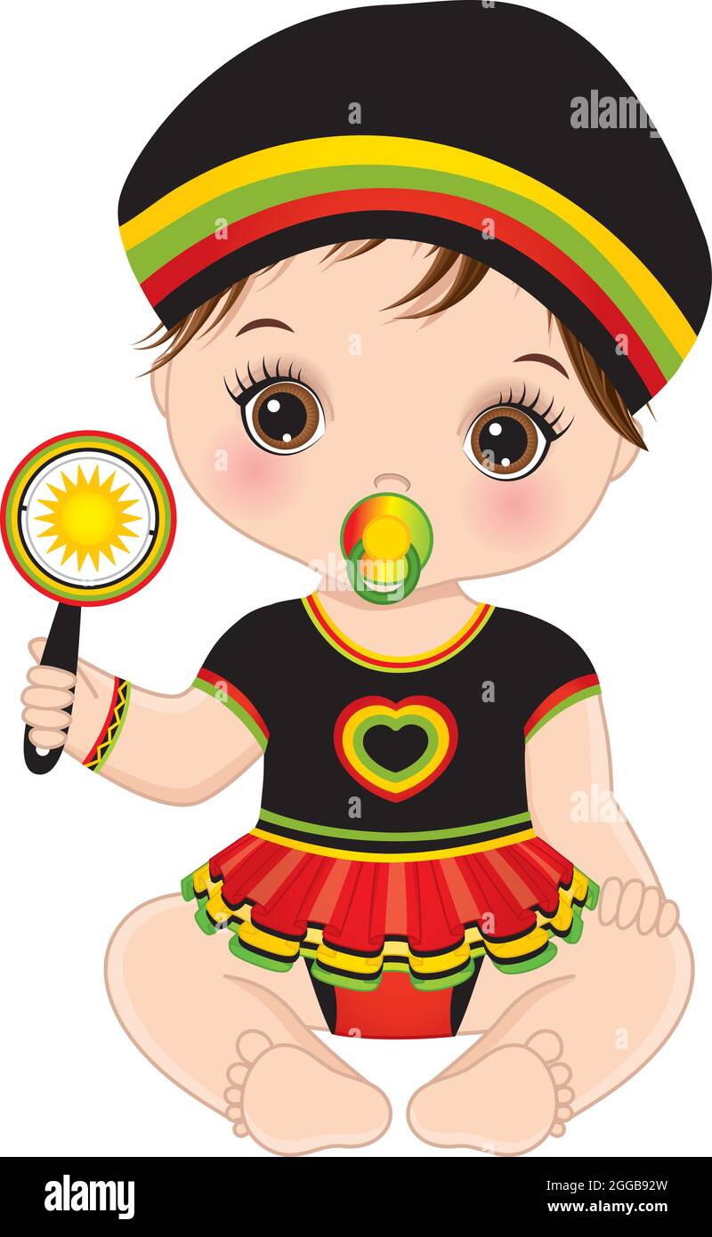 Cute Little Reggae Baby Girl with Pacifier Holding Rattle. Vector ...