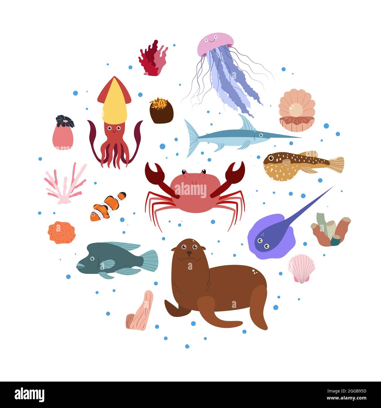 Design template with sea animal in circle for kid print. Round ...