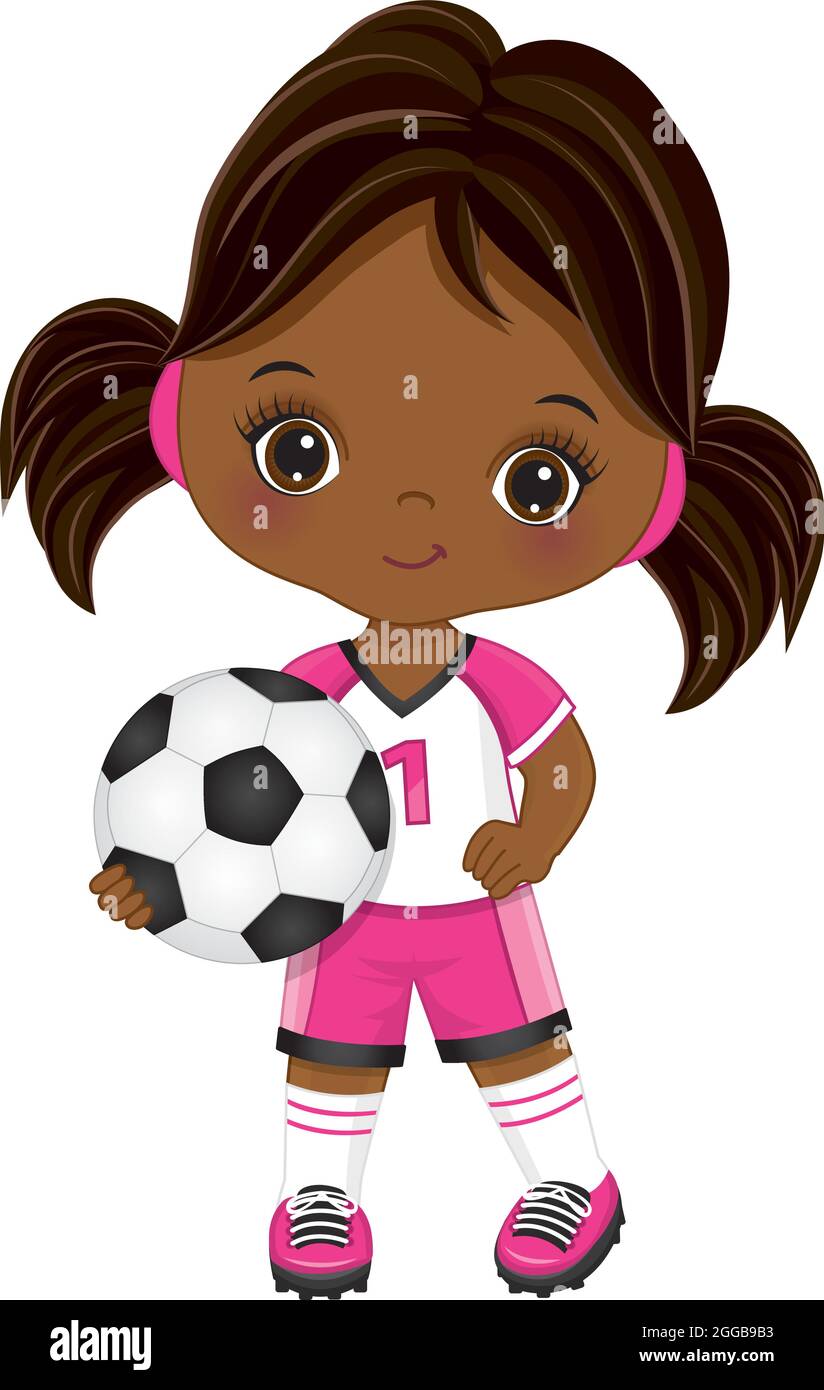 Cute Little Soccer African American Girl Holding Ball. Vector Black ...