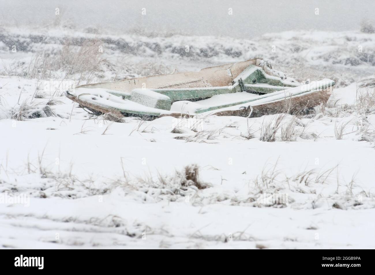 Stranded wooden boat in winter salt marsh landscape Stock Photo - Alamy