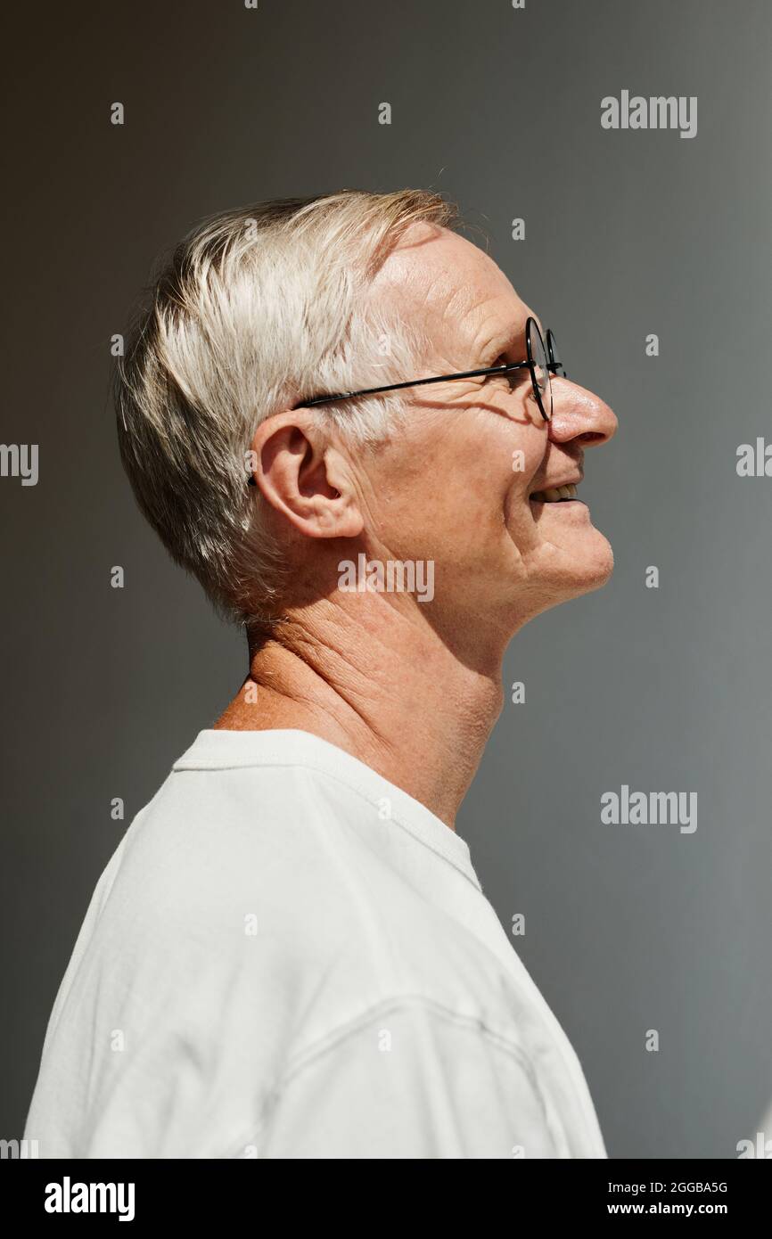 Minimal side view portrait of smiling senior man lit by sunlight ...