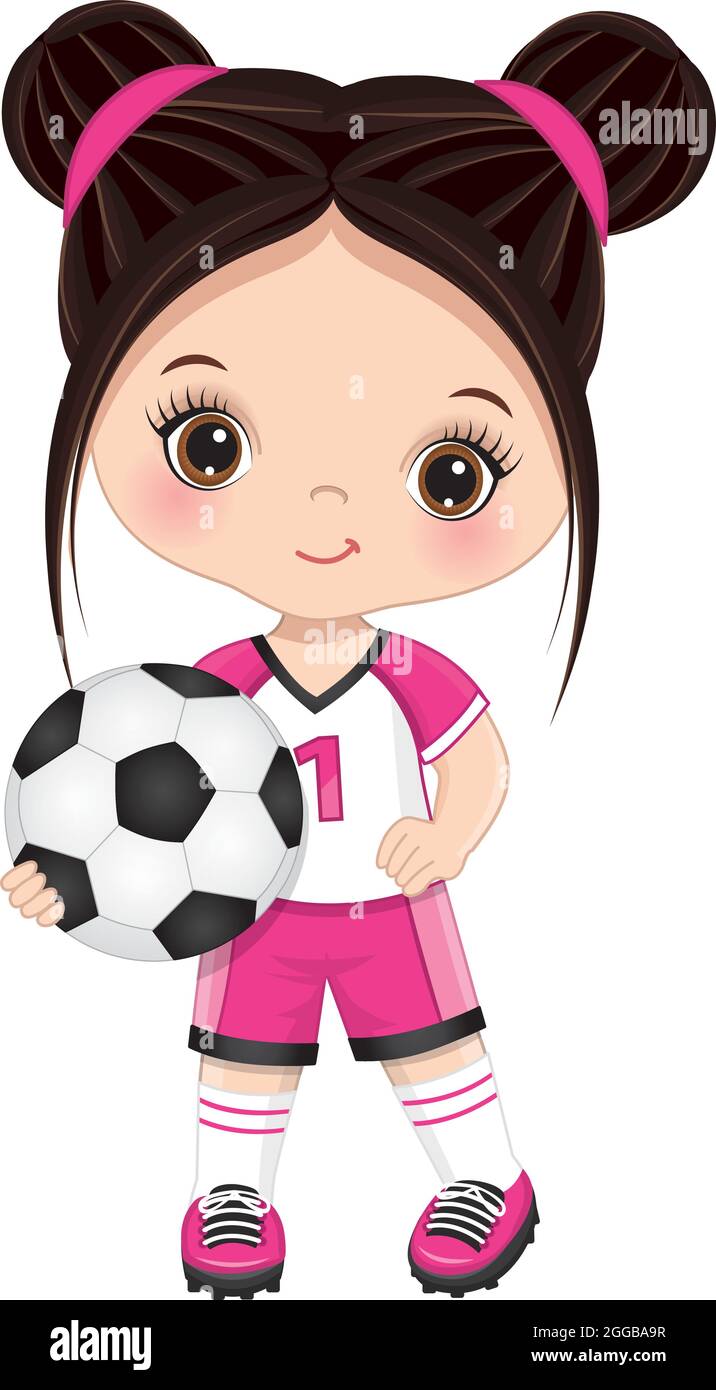 Cute Little Dark-Haired Girl Holding Soccer Ball. Vector Girl with ...