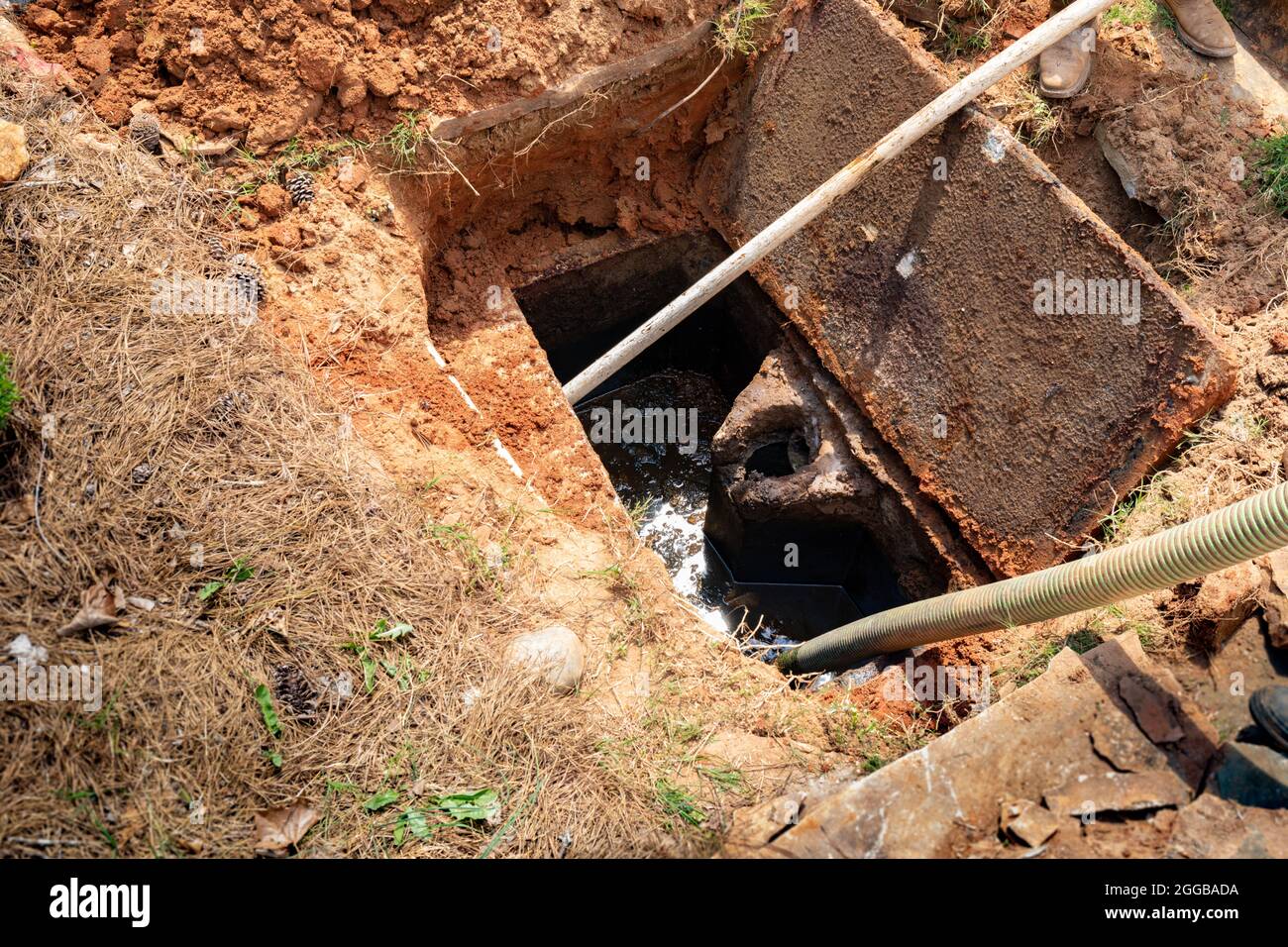 Opened septic tank showing a high level of sludge, ready to pump ...