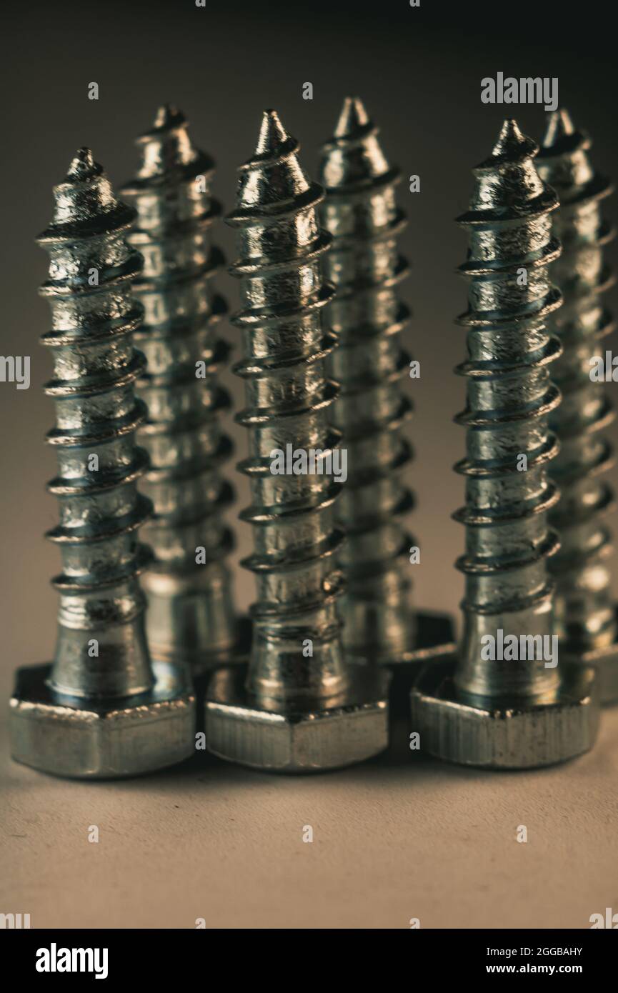Vertical shot of hexagonal long bolt nut screws placed on a flat ...