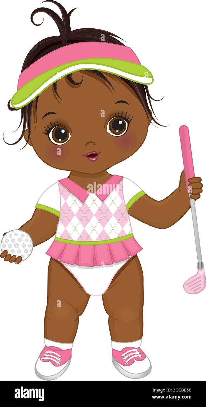 Vector Cute African American Baby Girl Holding Golf Club and Ball ...