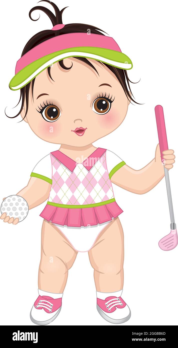 Vector Cute Baby Girl Holding Golf Club and Ball. Vector Golfer Girl ...