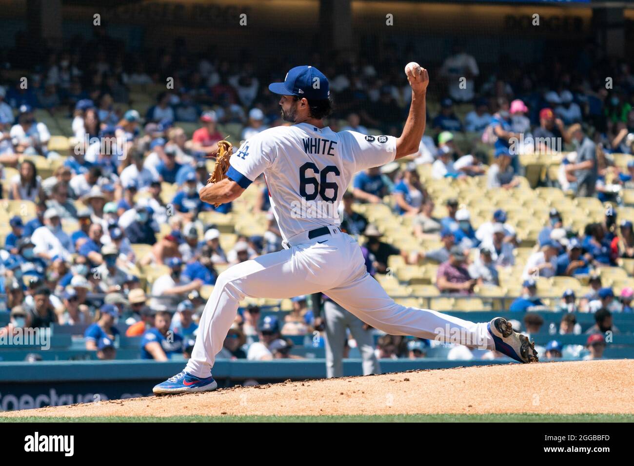 Los Angeles Dodgers relief pitcher Mitch White (66) throws during a MLB ...