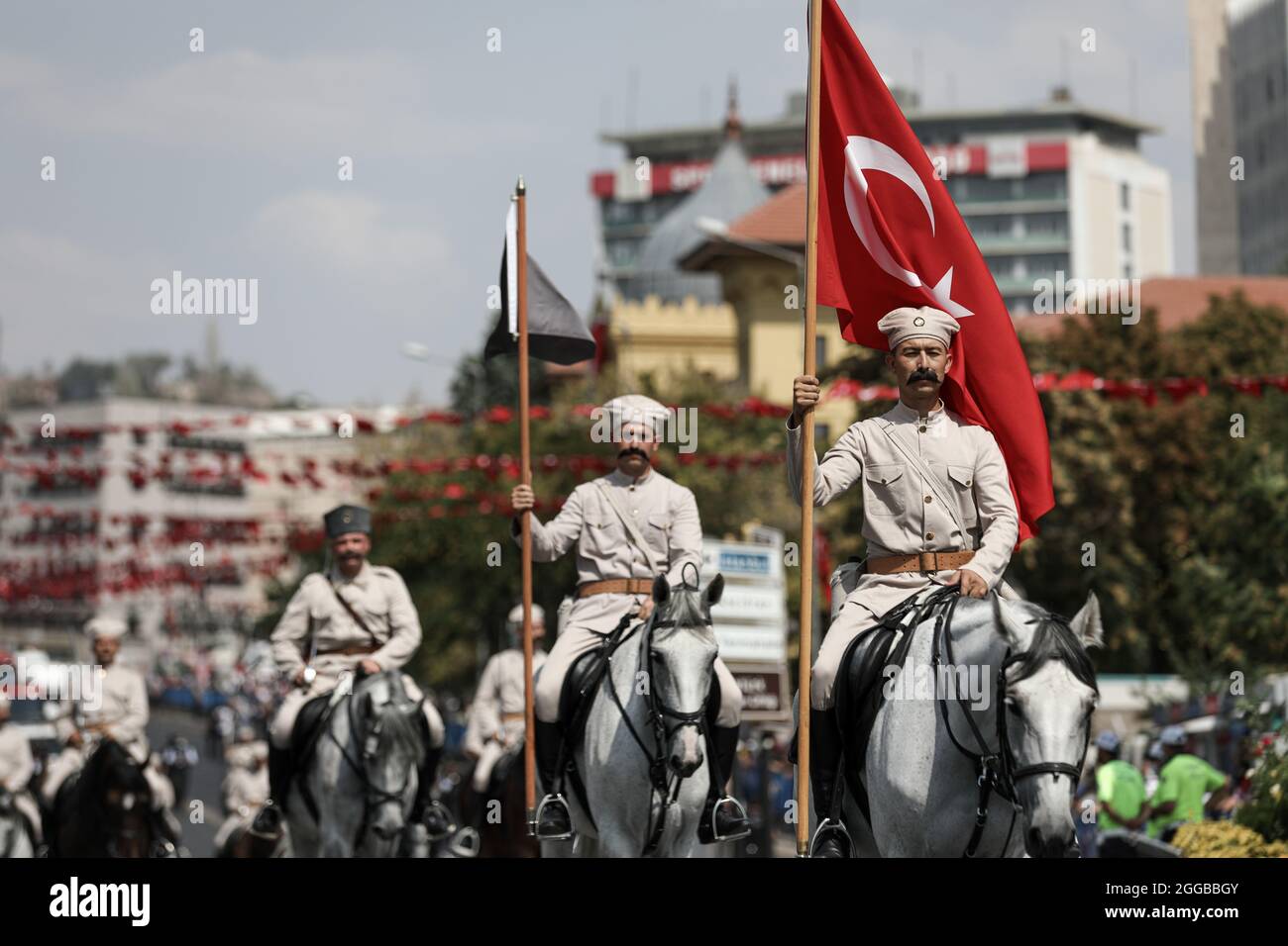 Turkish soldiers seated on horses during the military parade.Victory ...