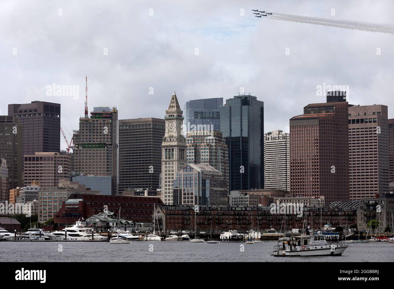 The U.S. Navy Blue Angels flying in formation over Boston Massachusetts ...