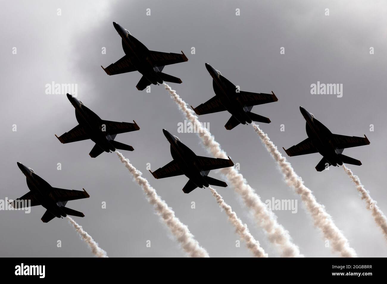 The U.S. Navy Blue Angels flying in formation over Boston Massachusetts ...