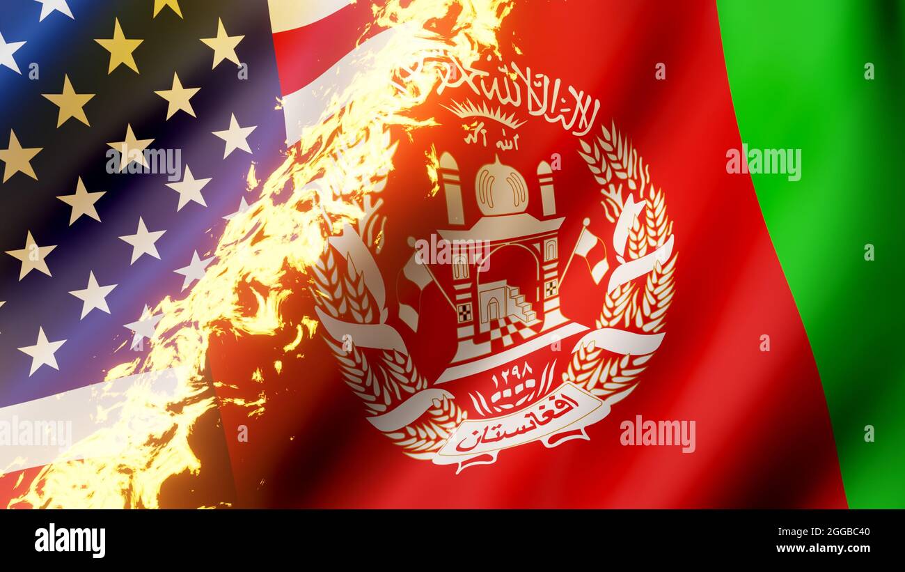 3d rendering of an Afghanistan and United States flags burning, concept ...