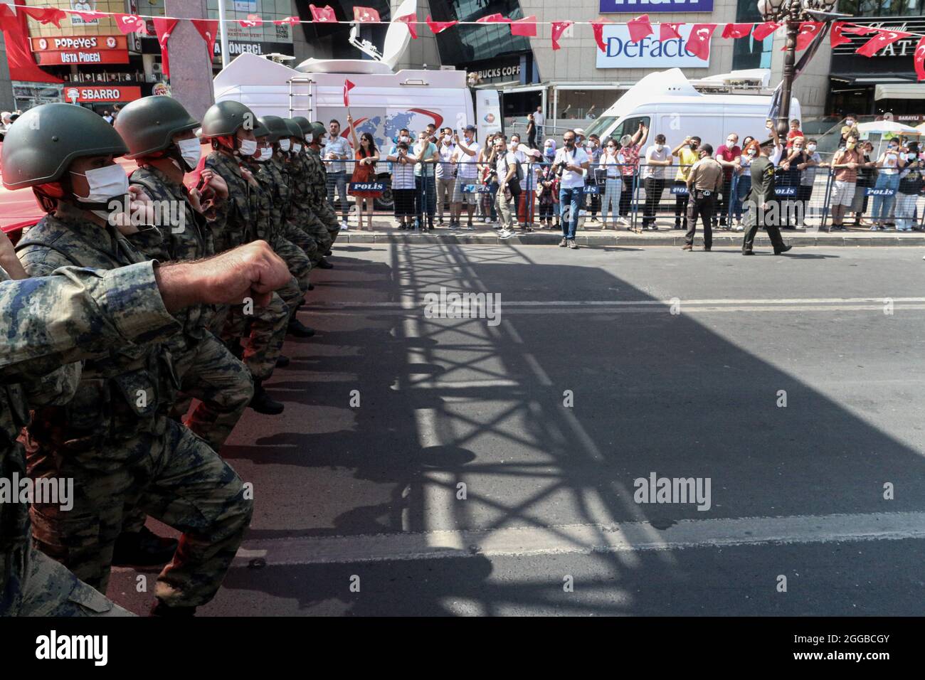 Turkish soldiers march during the military parade.Victory Day is an ...