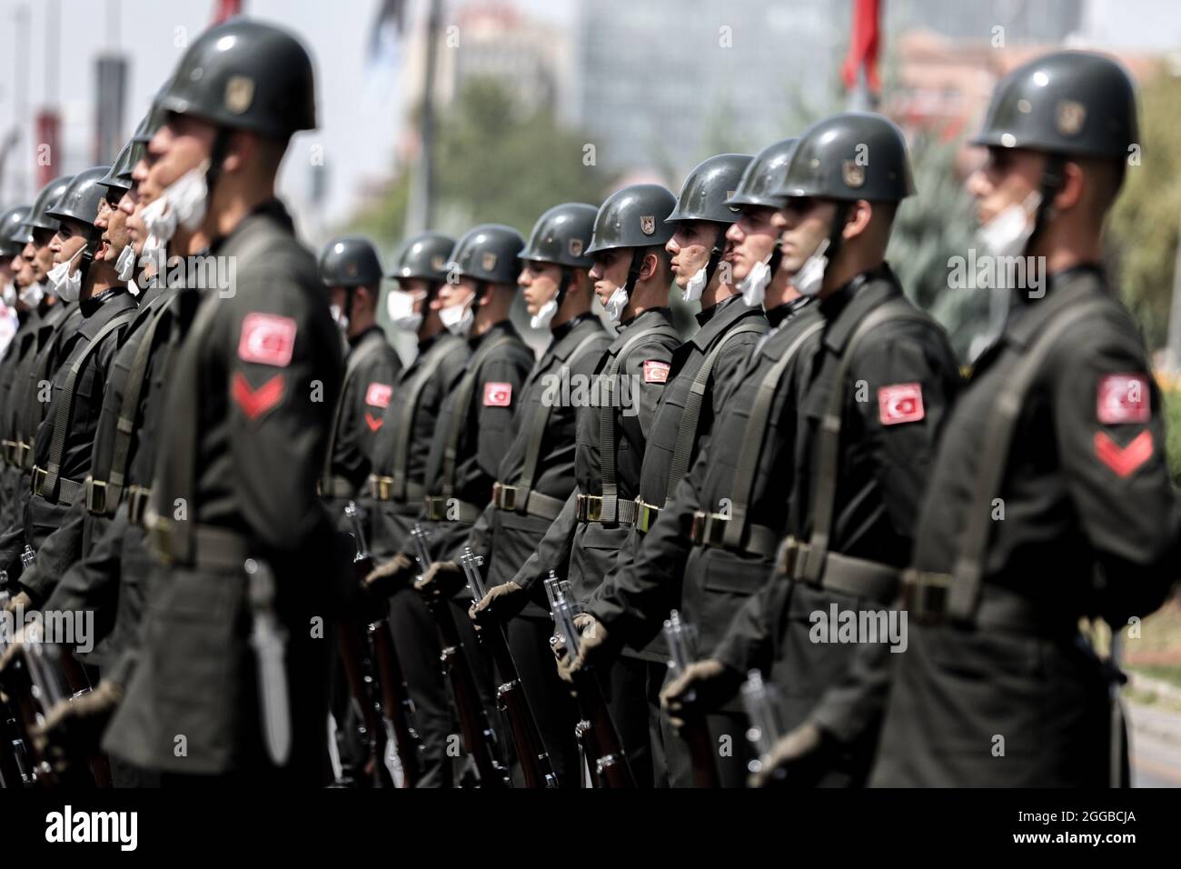 Turkish soldiers march during the military parade.Victory Day is an ...