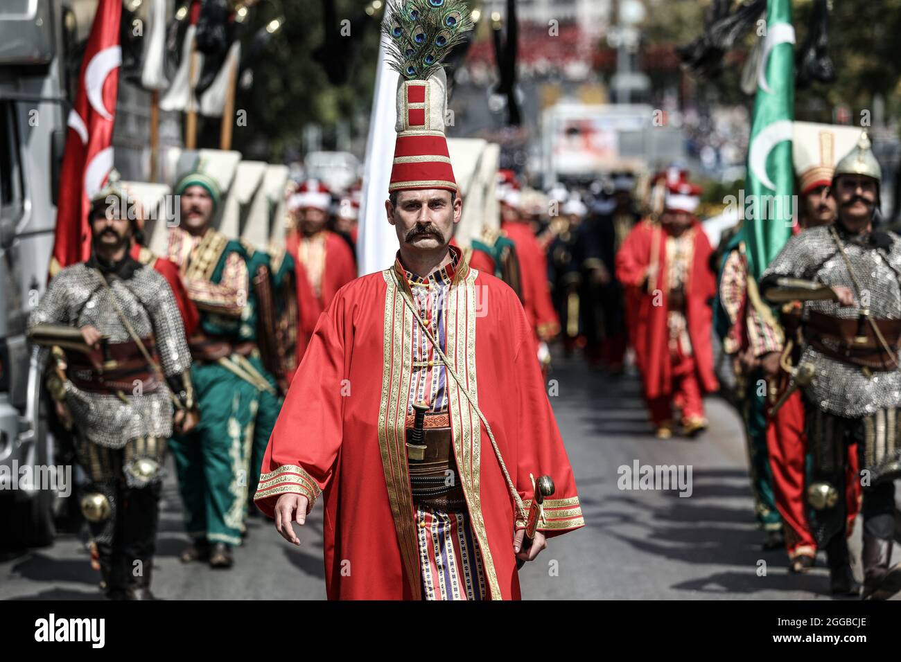 Turkish soldiers disguised as Ottoman soldiers marched during the ...