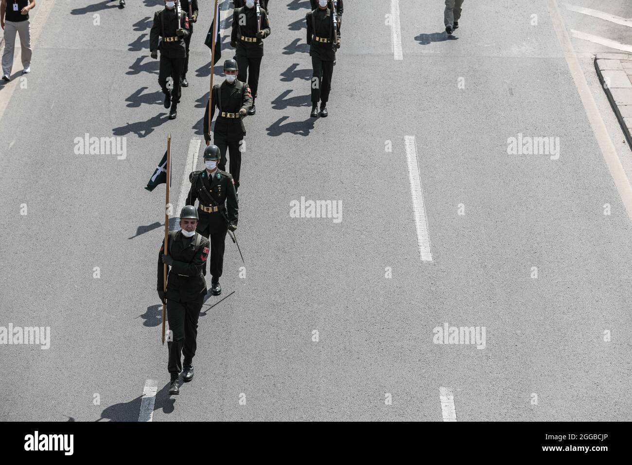 Turkish soldiers march during the military parade.Victory Day is an ...