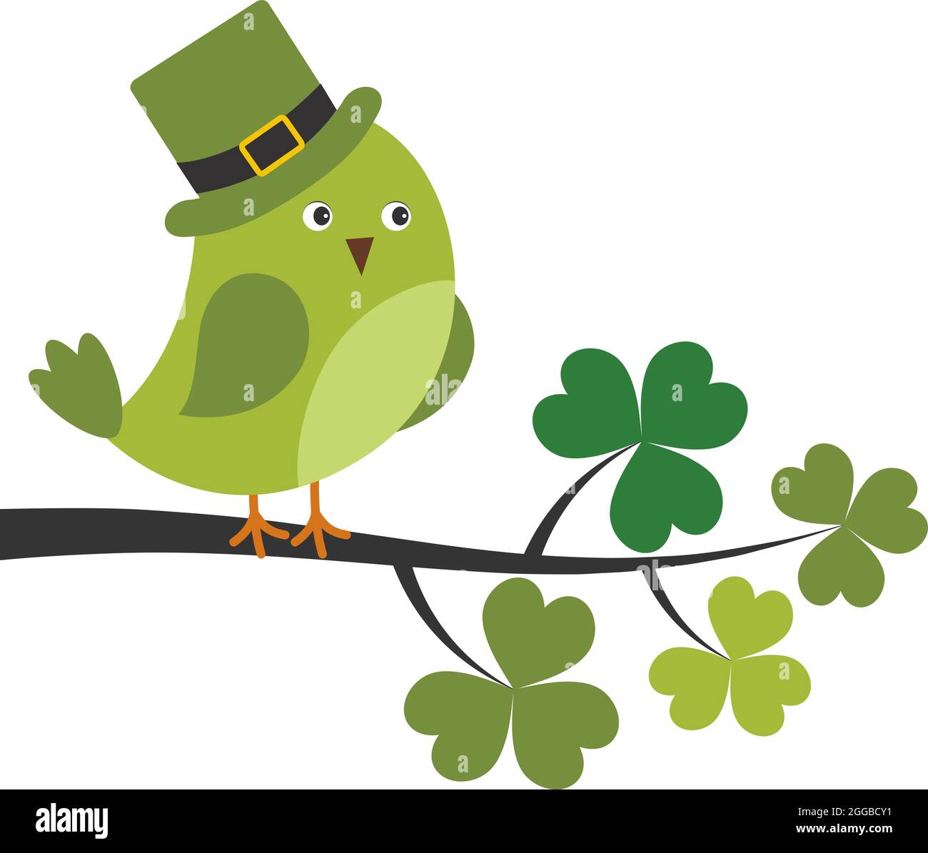 Cute Green Bird Wearing St. Patrick Hat Sitting on Shamrock Branch ...