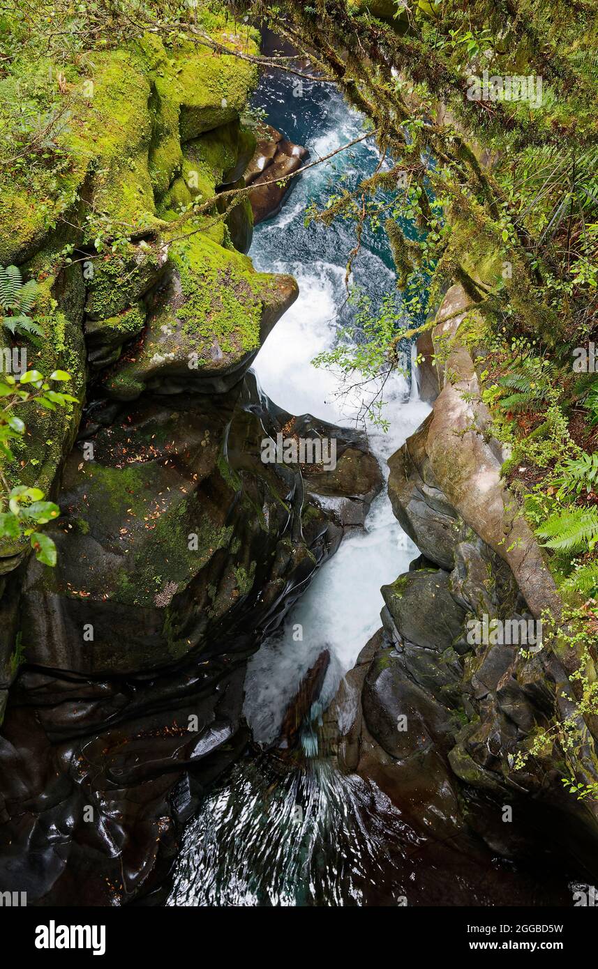 Cleddau River; waterfall, rushing, narrow opening, rock formation ...