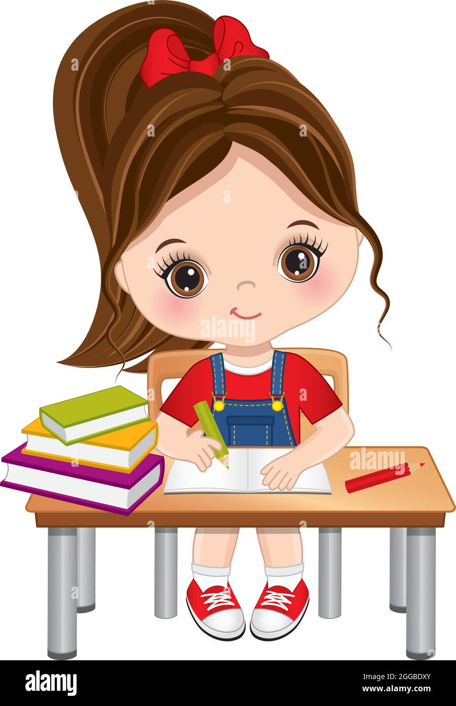 Cute Little Brunette Girl Sitting at Desk. Vector Little School Girl ...