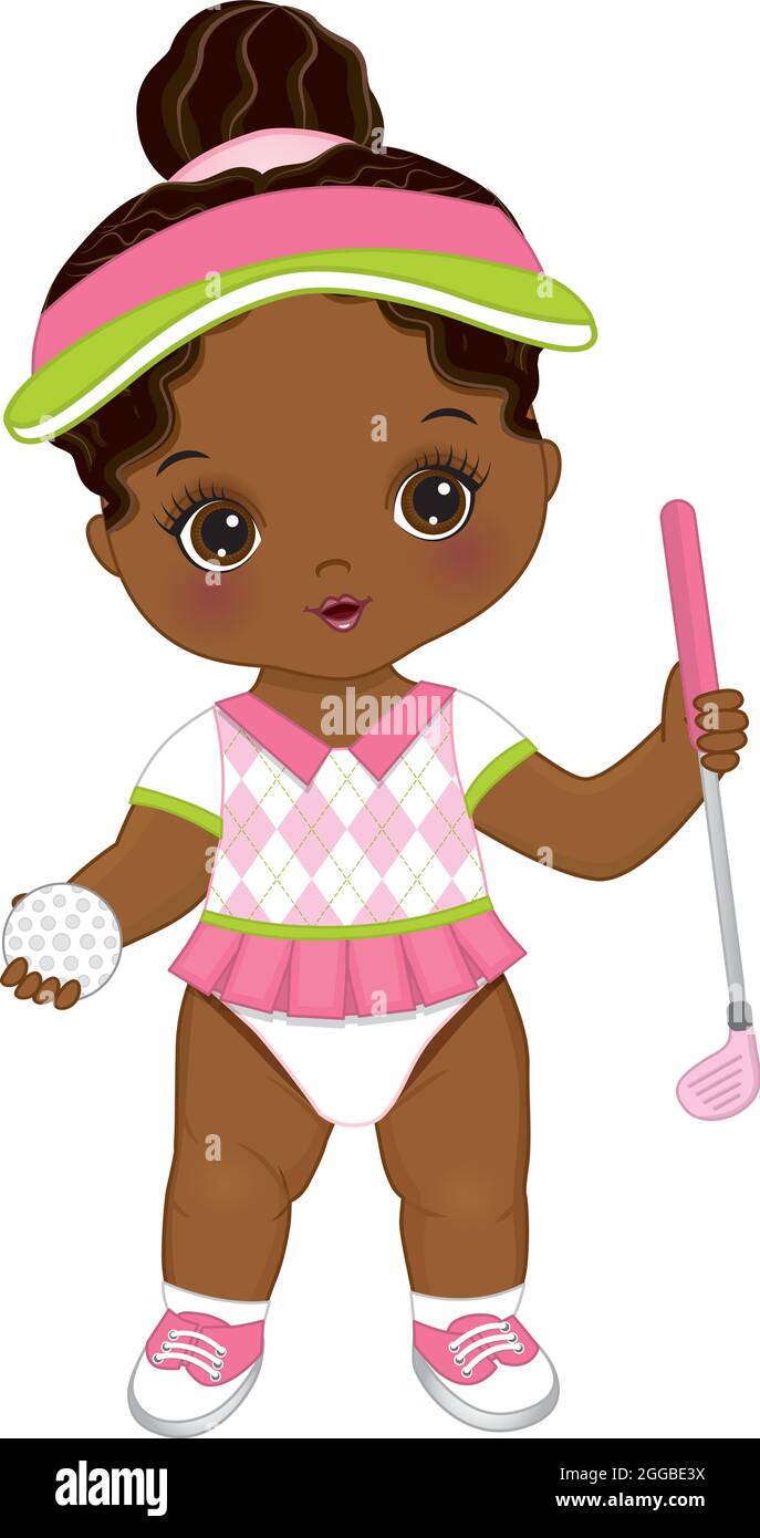 Vector Cute African American Baby Girl Holding Golf Club and Ball ...