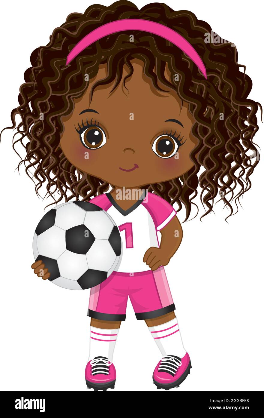 Cute Little Soccer African American Girl Holding Ball. Vector Black ...