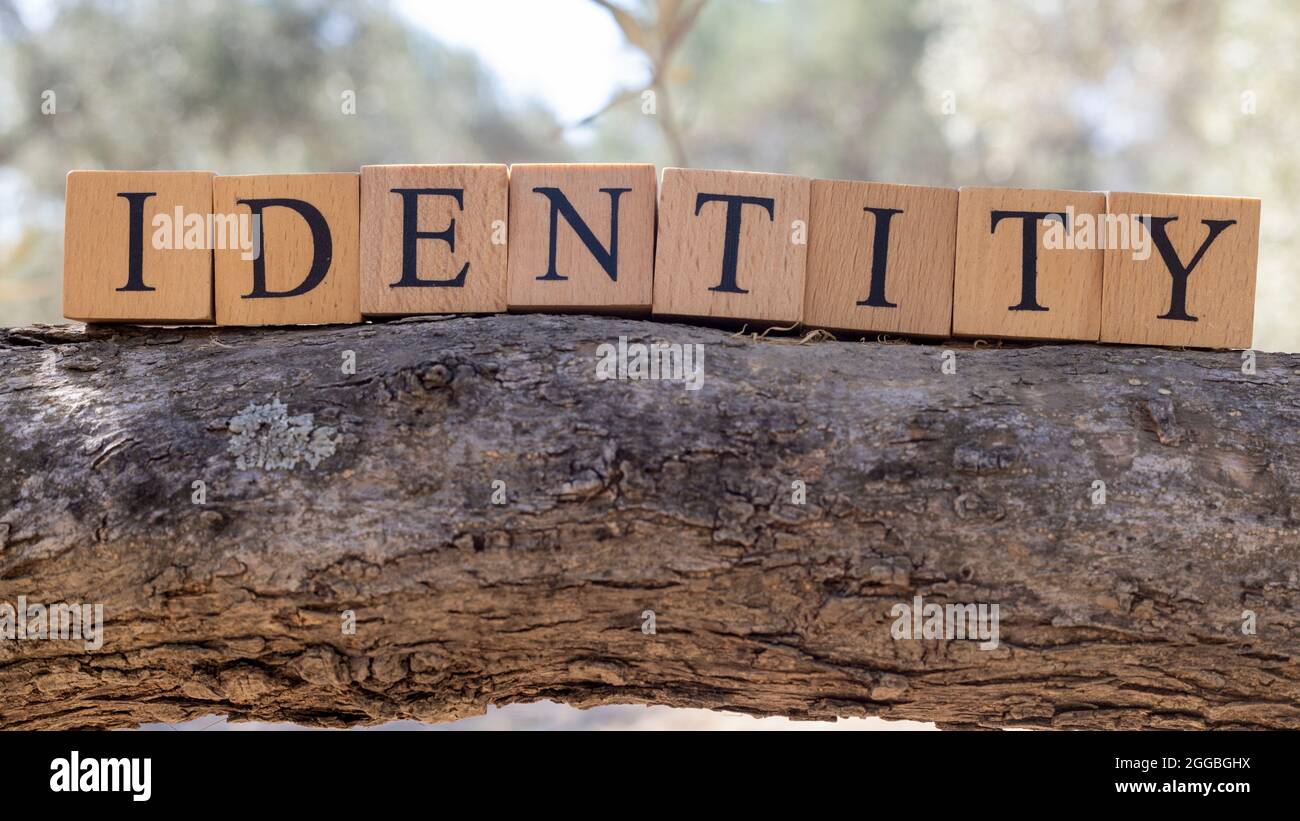 The word IDENTITY was created from wooden cubes. Photographed on the ...