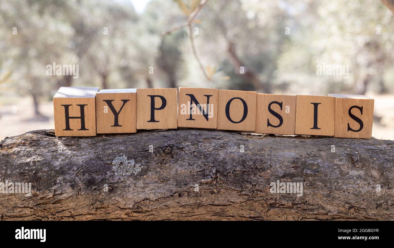 The Word Hypnosis was created from wooden cubes. Photographed on the ...