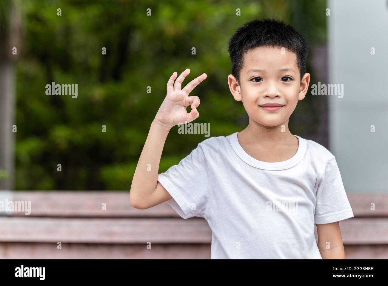 Cute smiling little child boy making OK gesture. Happy Asian boy in ...