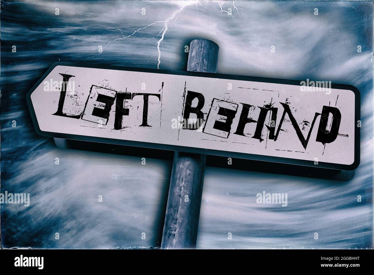 Left Behind, Signage with blue tone, Storm with Lightning bolt in ...