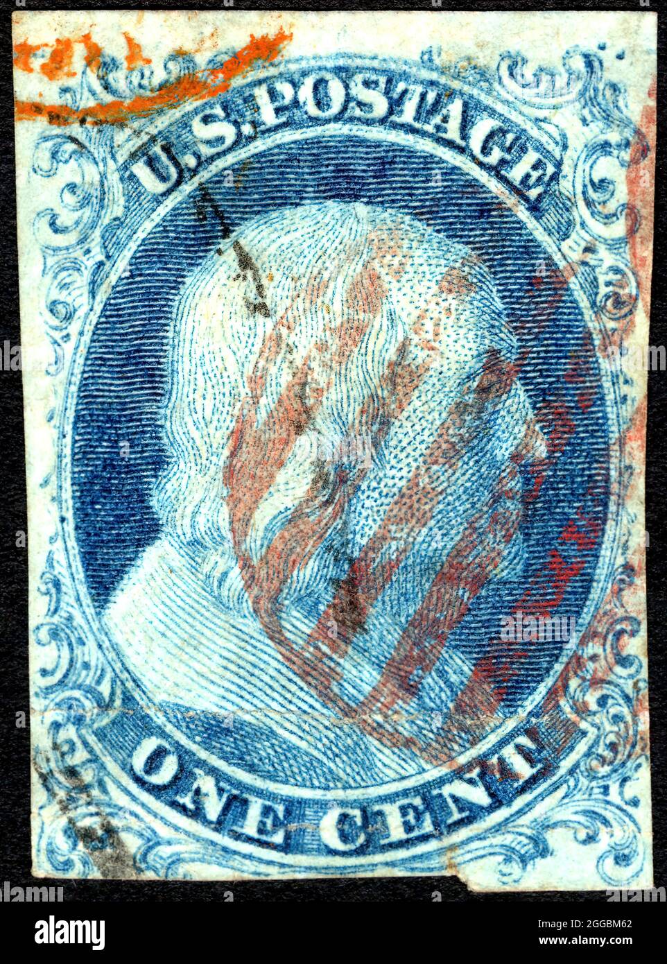 1c Franklin type I single, 1851. Imperforate 1c blue, Type I, position ...