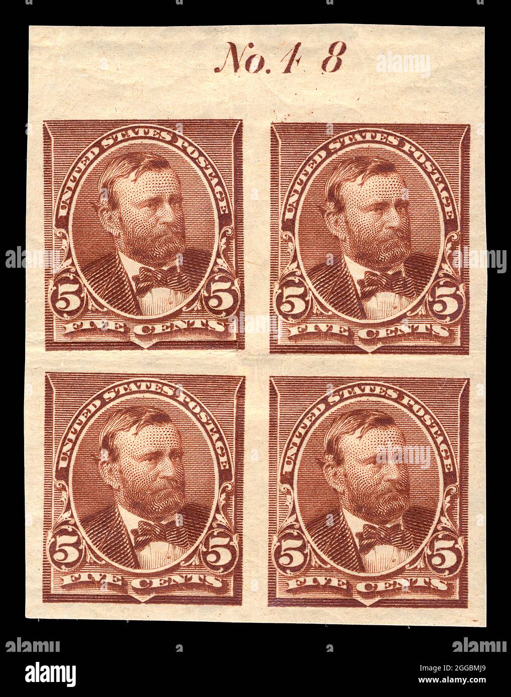 5c Ulysses S. Grant proof plate block of four, June 2, 1890. Top margin ...