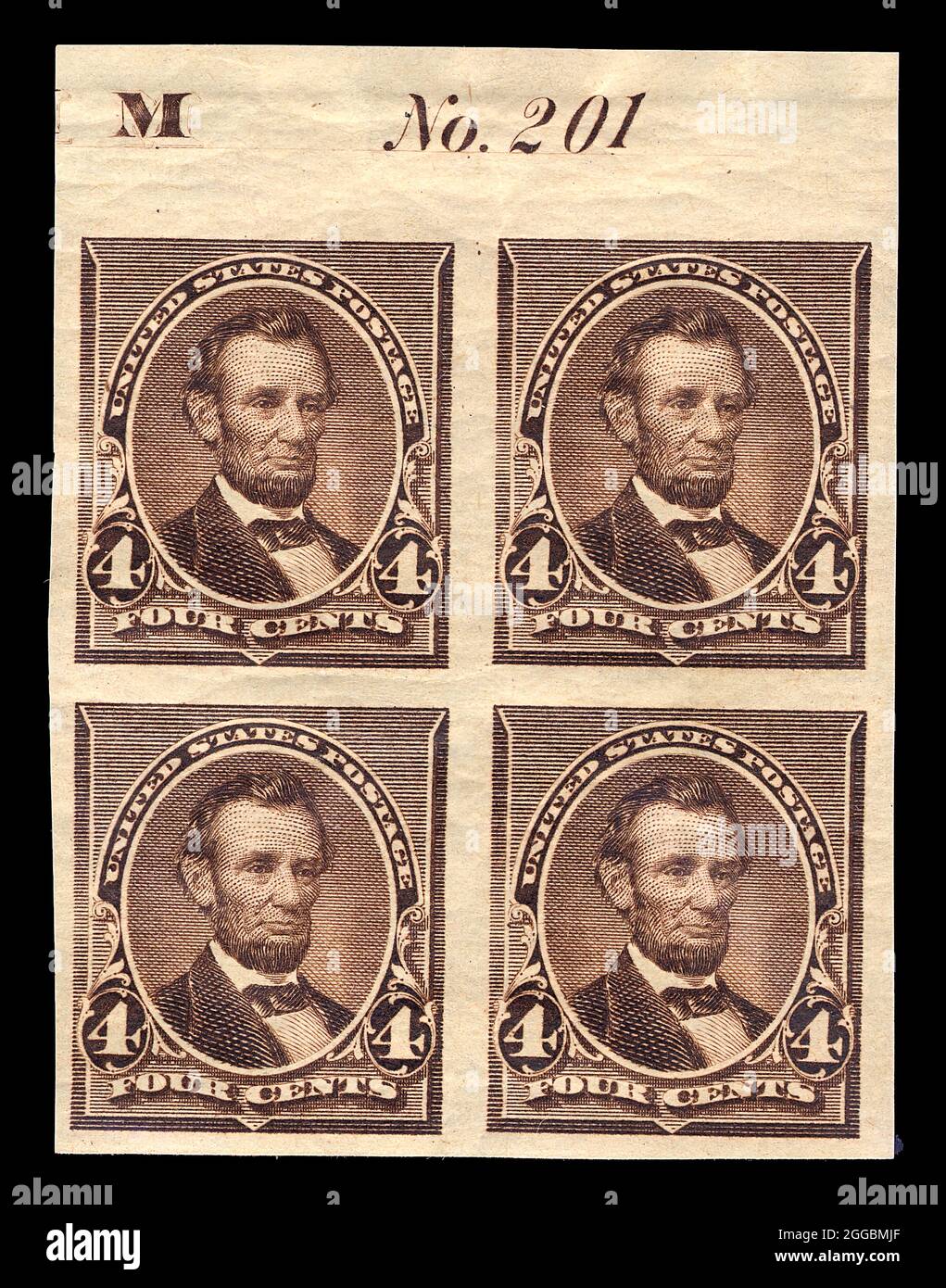 Postage Stamp Plate Block 4c Abraham Lincoln Proof Plate Block Of
