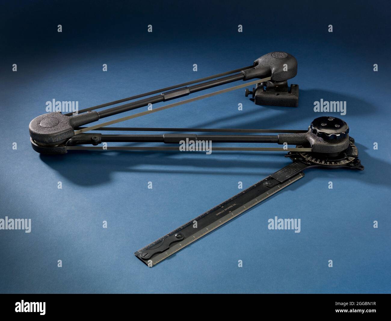 Black metal navigation tool with two protractor arms and ruler Stock ...