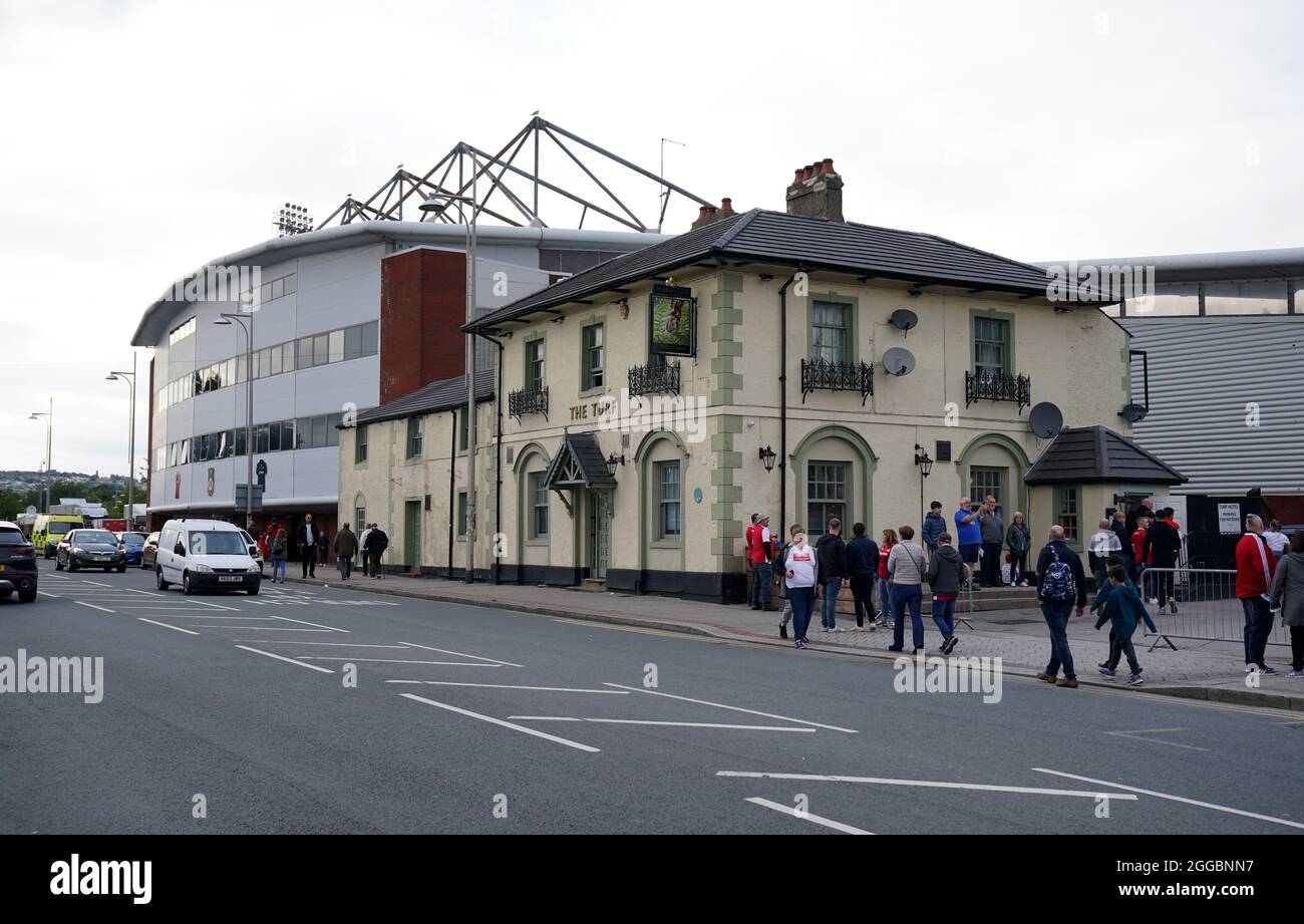 Wrexham fans outside The Turf pub near the stadium before the Vanarama ...
