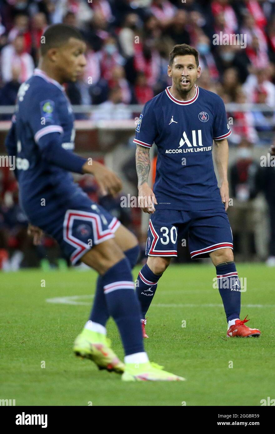 Lionel Messi, Kylian Mbappe (left) of PSG during the French ...