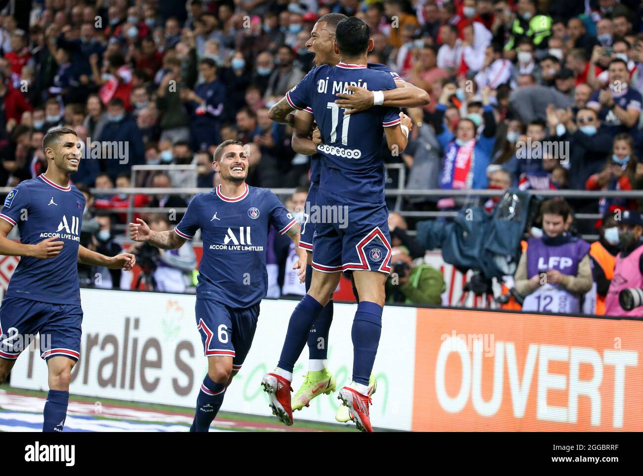 Kylian Mbappe of PSG celebrates his first goal with Angel Di Maria ...