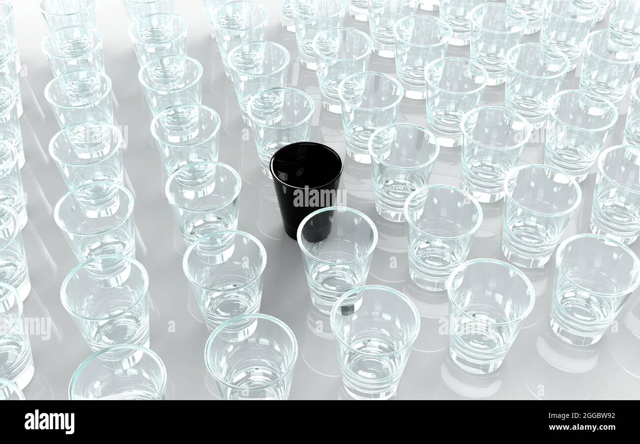 3D rendered shot glass background with clear shot glasses and a single ...