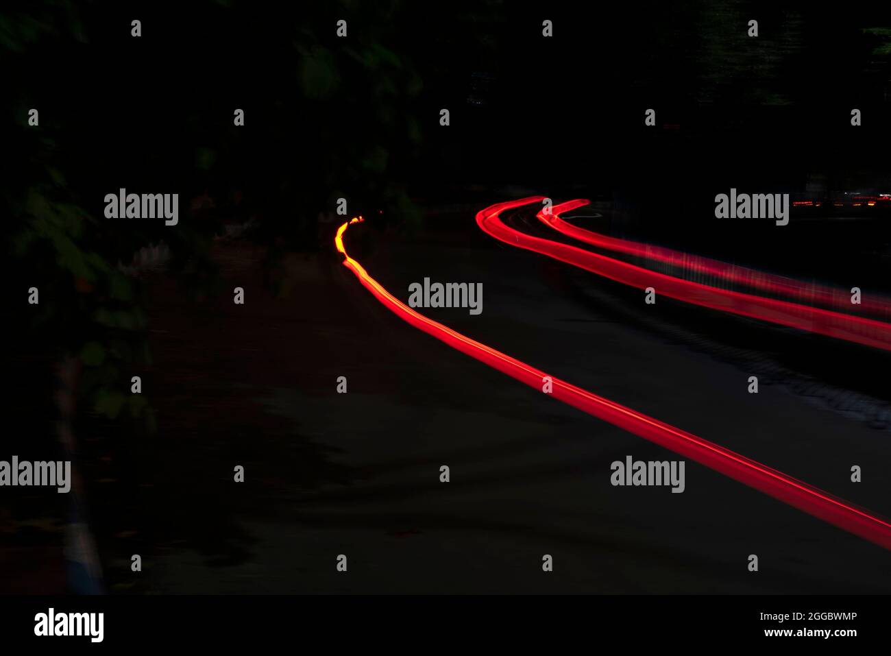 Car Light trails on a city street in a dark black night. Photo is taken ...