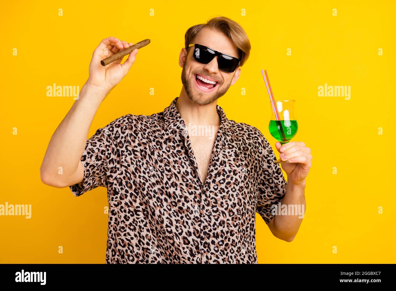 Photo of pretty sweet young guy wear leopard outfit dark eyewear ...