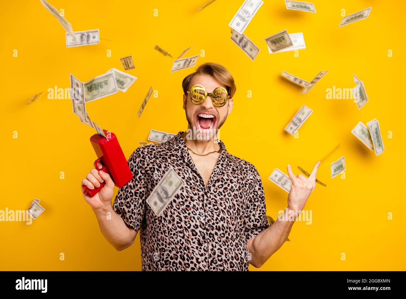 Photo of handsome rude gentleman dressed shirt dark glasses shooting ...
