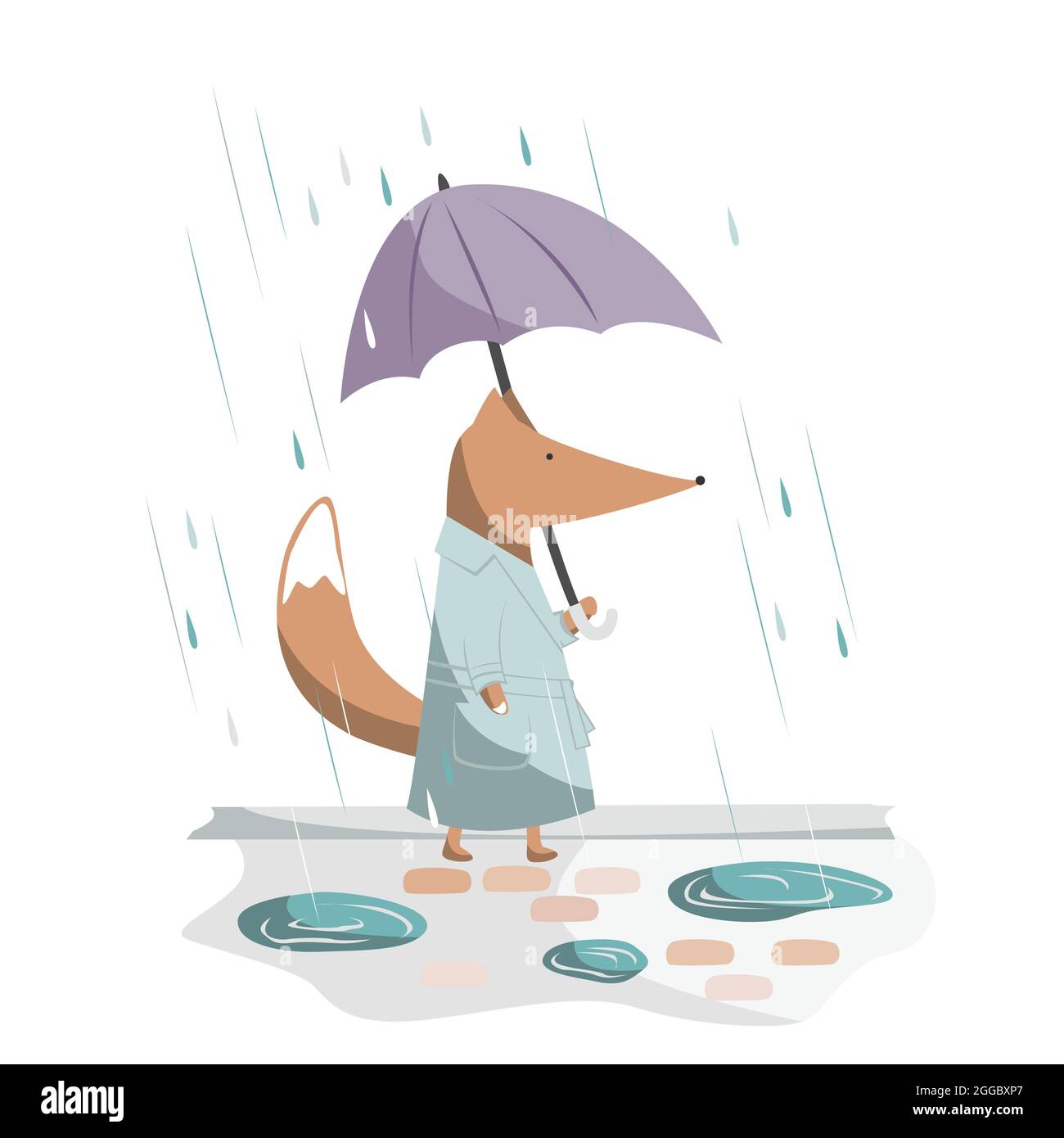 Cute and handsome fox walking with umbrella in the rain. Vector ...